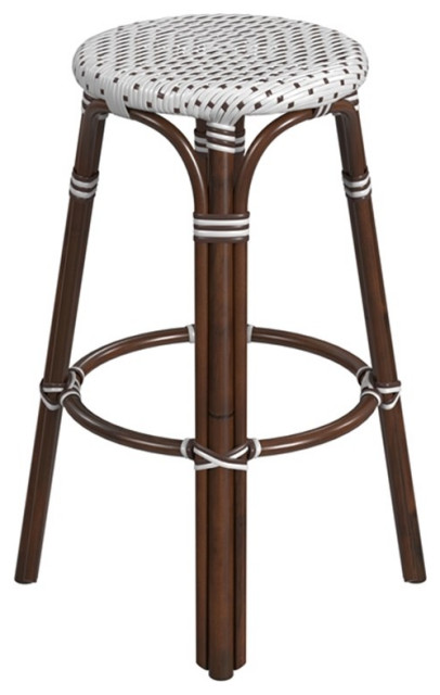 Home Square Rattan Bar Stool in Chocolate & White - Set of 2 - Tropical ...