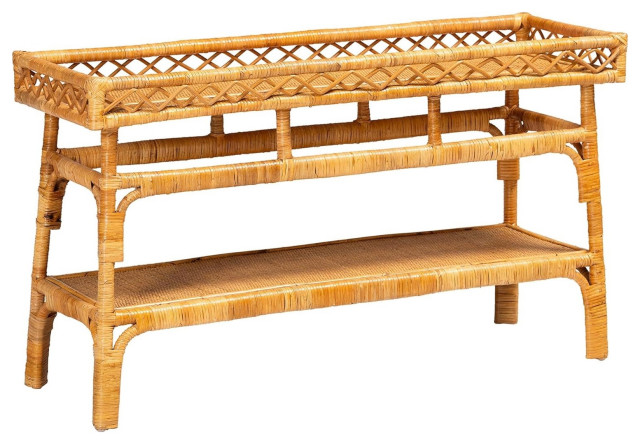 Bohemian Console Table, Natural Rattan Covered Frame With Tray Top ...