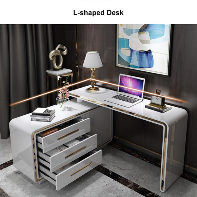 47" L-Shaped Desk Corner Rotating White Office Desk With 3 Drawers and ...