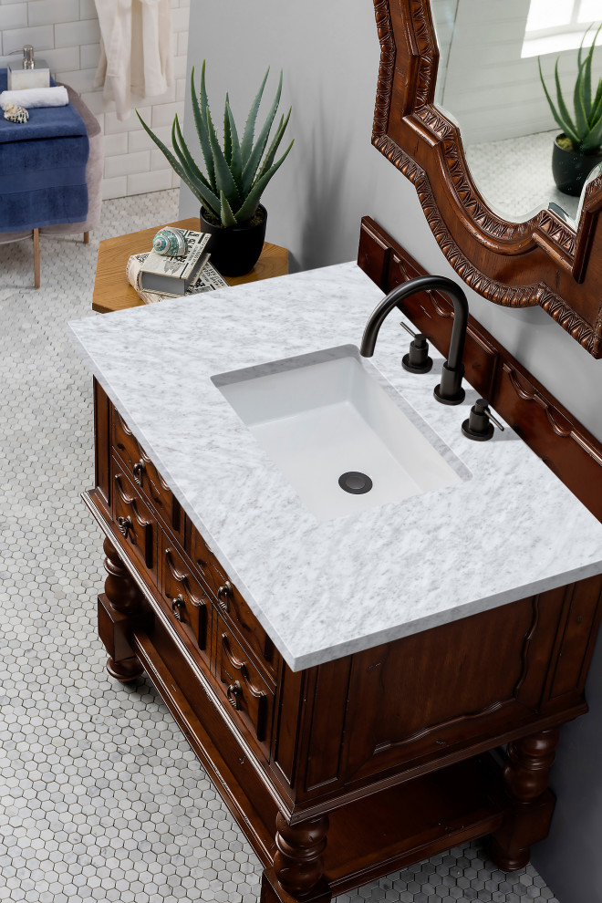 Castilian 36" Aged Cognac Single Vanity W/ 3 Cm Carrara Marble Top ...