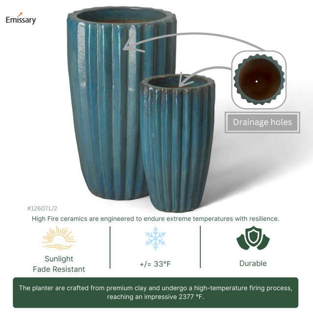 Tall Round Ridge Pot, Teal 12x21 - Contemporary - Outdoor Pots And ...