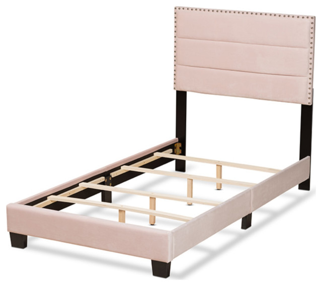 Tamira Glam Light Pink Velvet Fabric Upholstered Twin Size Panel Bed ...