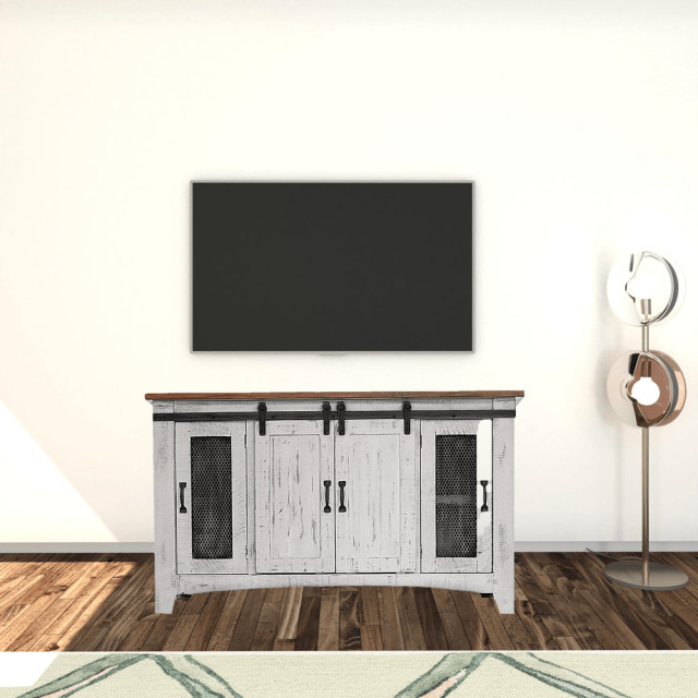 60" White Solid Wood Cabinet Enclosed Storage Distressed TV Stand ...