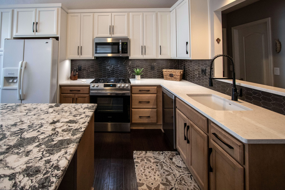 Two-one Wood and White Kitchen with Multi Colored Quartz Countertops ...