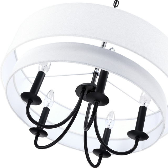 21.5"W 5-Light Black Chandelier Light With White Double Drum Shade ...