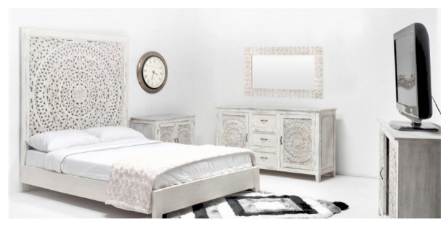 94" Jumbo Extra Large White Wash Bohemian Hand Carved Mandala Sideboard ...