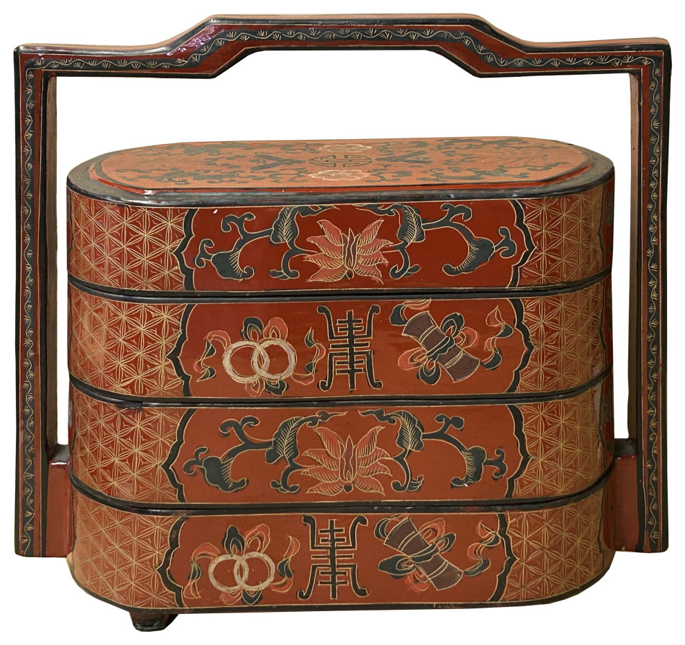 Chinese Brick Red Lacquer Color Treasure Graphic Stack Box Basket ...