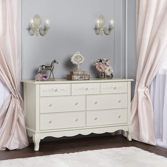 Ivory Lace 7-Drawer Double Dresser with Elegant Ribbon and Scrollwork ...