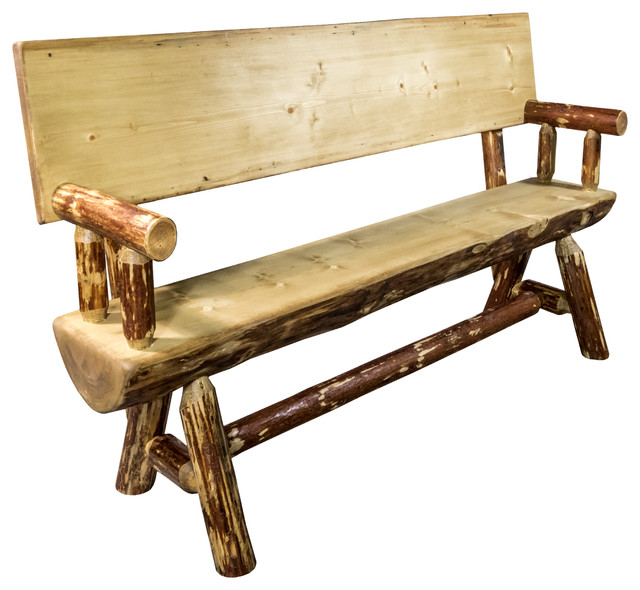 Glacier Country Half Log Bench with Back & Arms, 5 ft. - Rustic ...