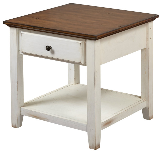 Elegant Side Table, Off White Frame With Spacious Drawer & Chestnut ...