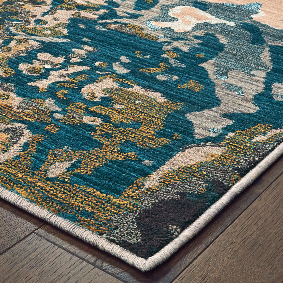 Casa Abstract Blue/Gold Area Rug, 1'10"x3' - Contemporary - Area Rugs ...