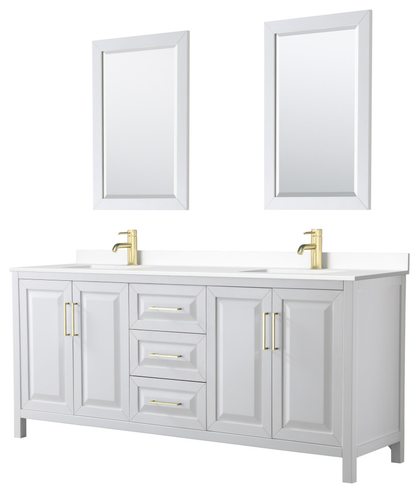 Daria 80" White Double Vanity, White Marble Top, 24" Mirrors, Brushed ...