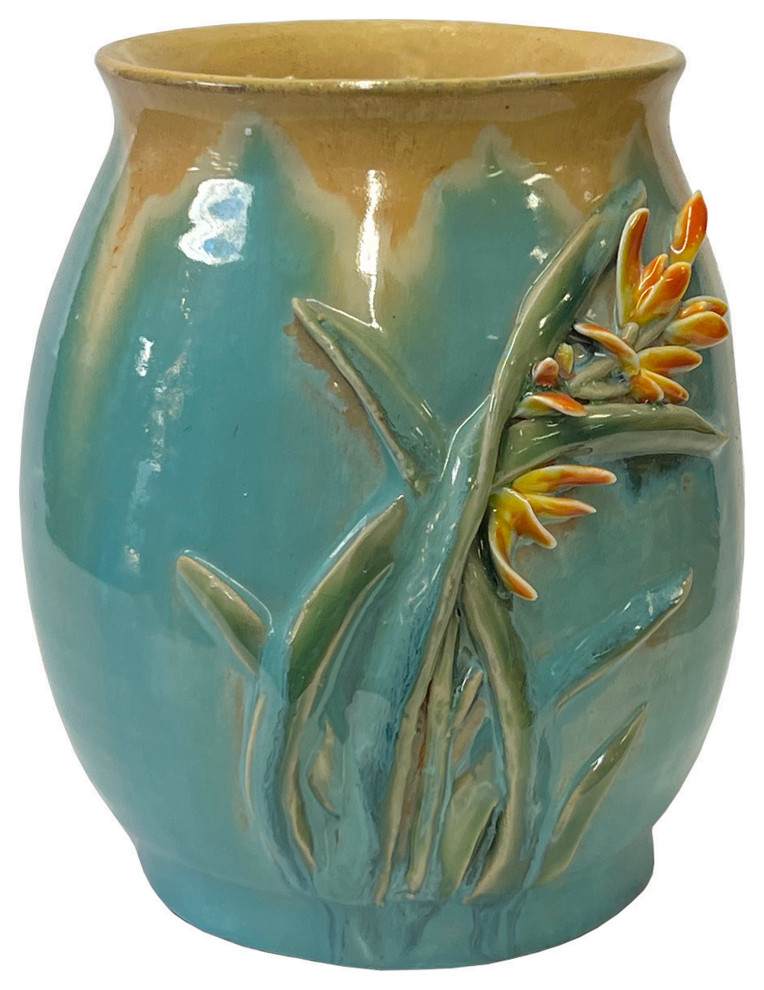 Chinese Turquoise Tan Glaze Dimensional Flower Holder Pot Vase Hws3070 ...