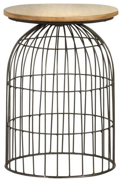 21" Round Accent Table With Bird Cage Style Base, Beige Marble, Black ...