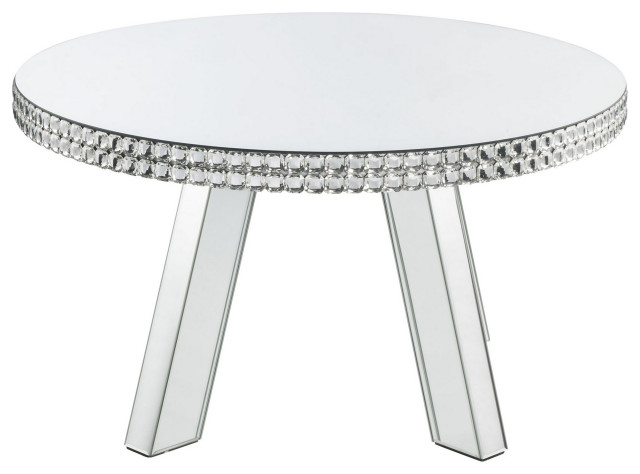 Round Mirror Panel Inlay Coffee Table with Faux Crystals Accents ...