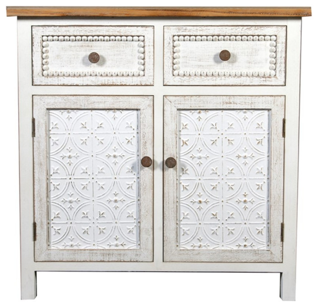 LuxenHome Distressed White Wood 2-Drawer 2-Door Storage Cabinet ...