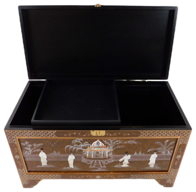 Large Brown Lacquer Oriental Mother of Pearl Storage Chest - Asian ...