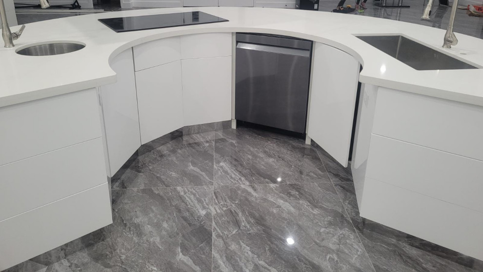 Small Fitted Curved White High Gloss Kitchen Cabinet Set With Sink ...