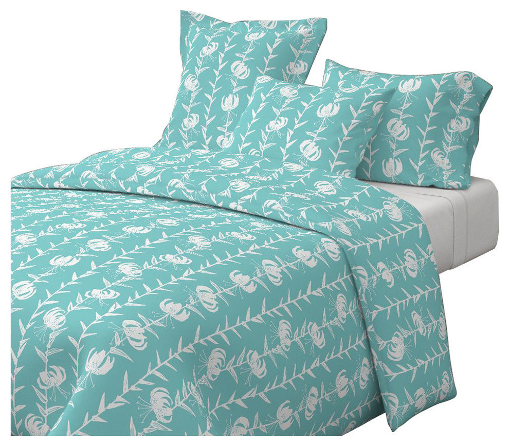 Lily Stripe Turquoise Turquoise Floral Cotton Duvet Cover, Twin ...