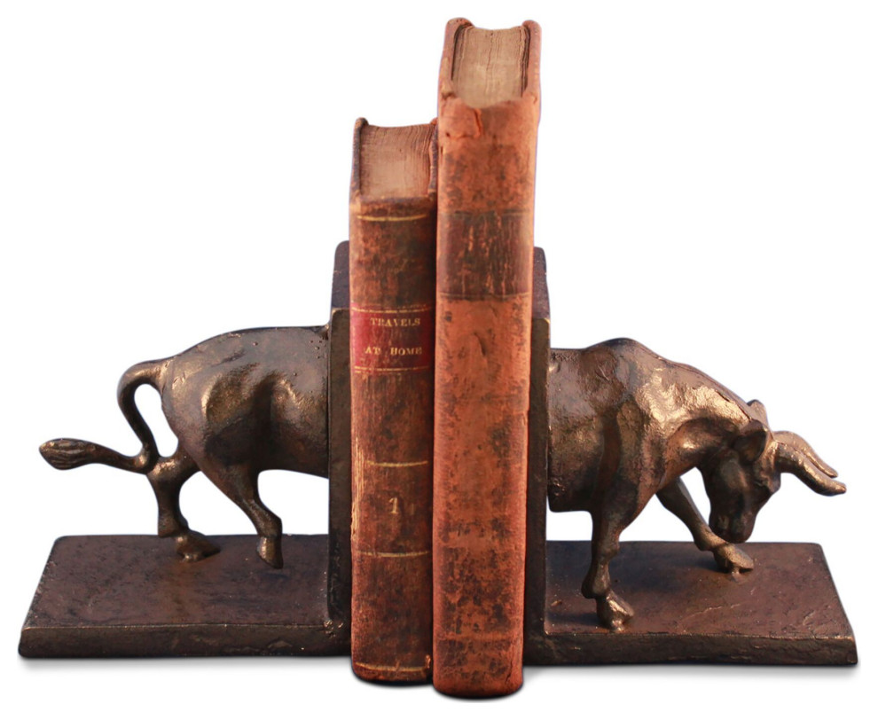 Cast Iron Charging Bull Bookends Metal Pair - Industrial - Bookends ...
