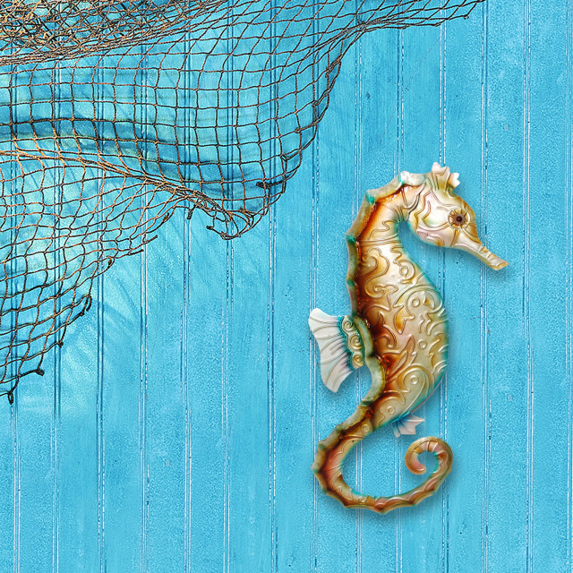 Wall Seahorse Tan with Blue - Beach Style - Metal Wall Art - by Zeckos ...