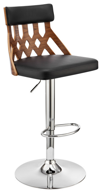 Adjustable Black Faux Leather and Walnut Lattice Bar Stool ...