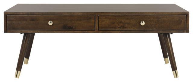 Rustic Brown Coffee Table with Gold-Capped Angled Legs and 2 Storage ...