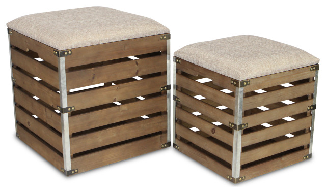 Set Of 2 Square Wood Slat Storage Bench With Metal Accent And Cushioned ...