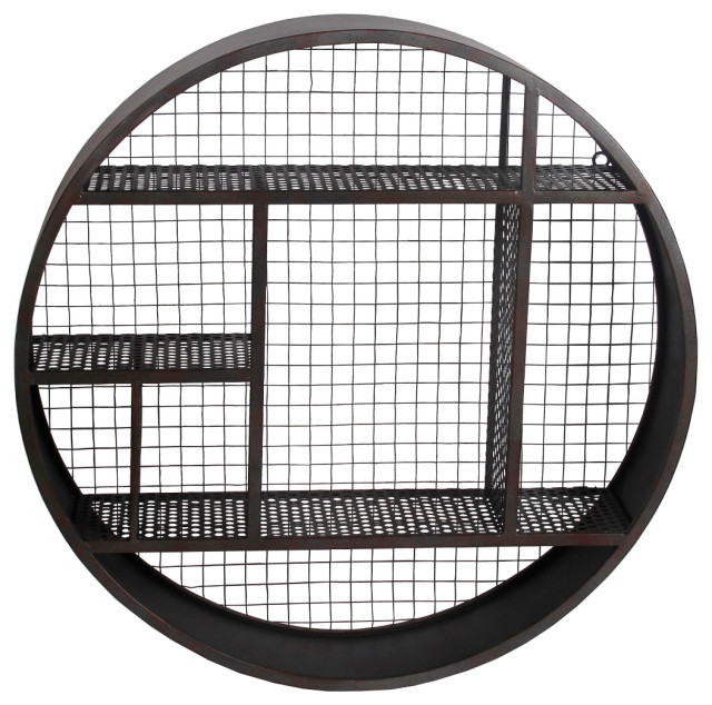 Benzara Industrial 3 Tier Round Iron Wall Shelf with Mesh Backing, Gray ...