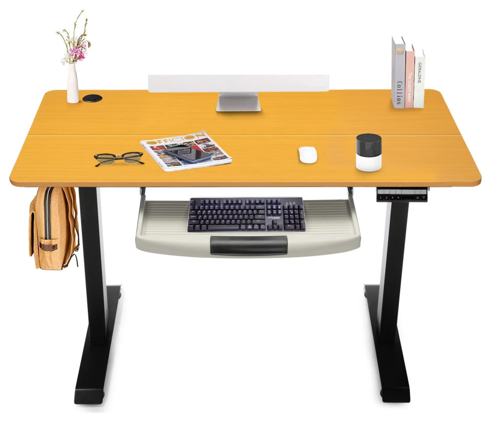 Electric Desk, Black Metal Legs & Bamboo Finished Top With Adjustable ...