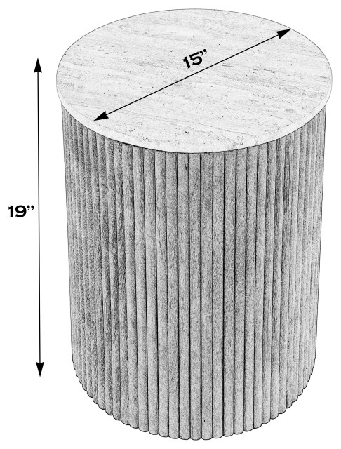 Ruby 15 in. W Round Fluted Travertine and Wood Side Table ...