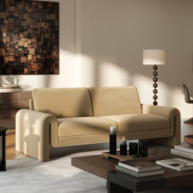 Mason 85" Camel Brown Beige Performance Velvet Arched Arm Sofa ...