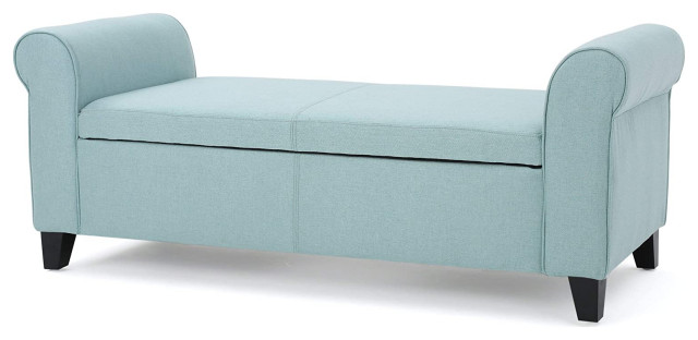 Contemporary Storage Bench, Hinged Light Blue Polyester Lid With Rolled ...
