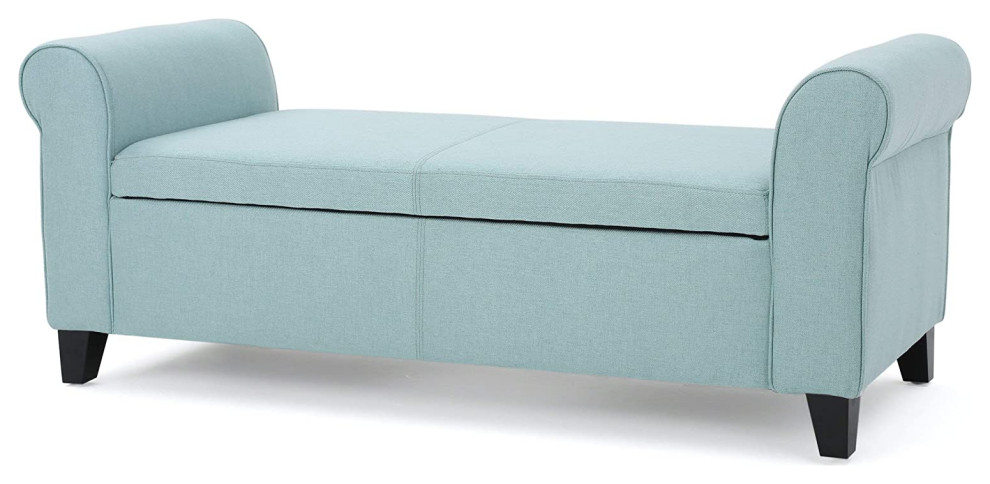 Contemporary Storage Bench, Hinged Light Blue Polyester Lid With Rolled ...