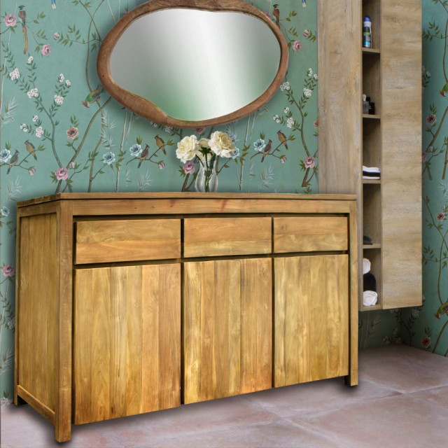 Recycled Teak Wood Valencia Bathroom Linen Cabinet With 3 Doors/3 ...