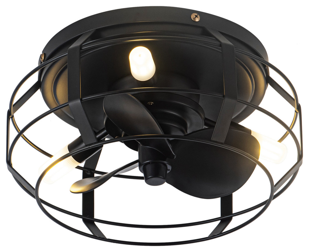12 in Black Flush Mount Caged DC Motor Ceiling Fan with Light Kit and ...