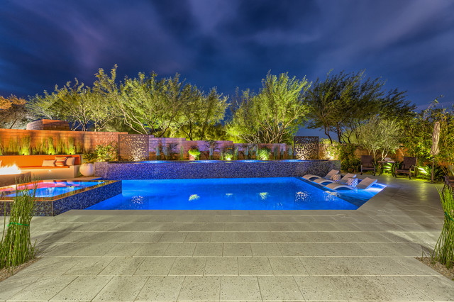 Contemporary Backyard Pool with Tiled Water Feature, Rim Flow Spa ...