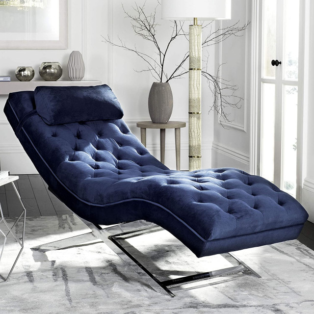 Navy Velvet and Chrome Chaise with Headrest Pillow - Transitional ...