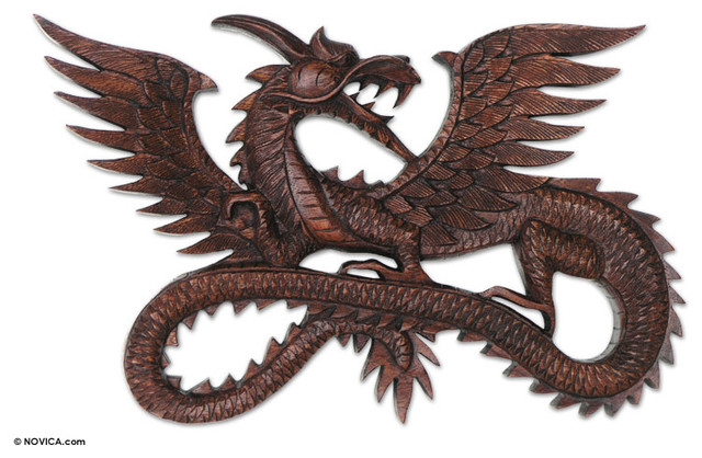 Flying Dragon Wood Relief Panel - Asian - Wall Accents - by NOVICA | Houzz