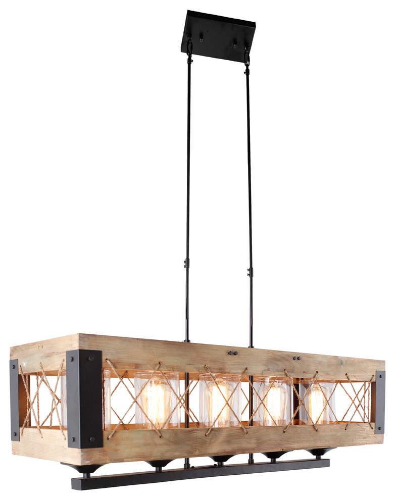 Hoss 5-Light Fixture with Clear Glass and Jute/Solid Wood/Black Iron ...