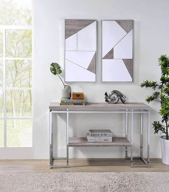 Contemporary Console Table, Chrome Metal Frame With Natural Oak Top and ...