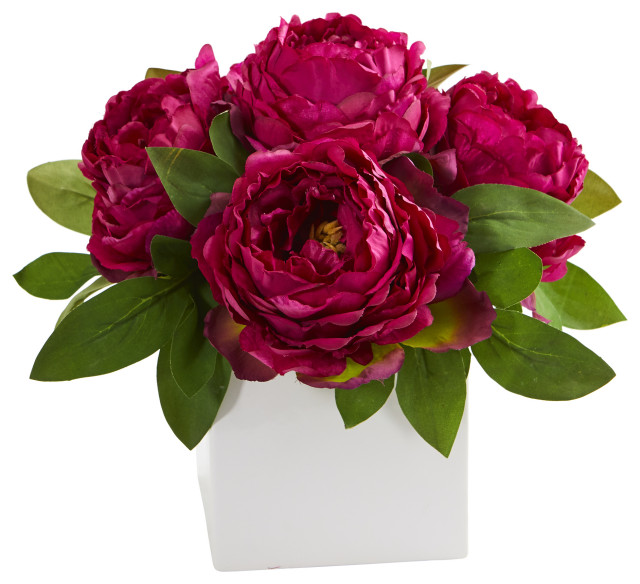 Nearly Natural 11 Peony Artificial Arrangement in White Vase ...