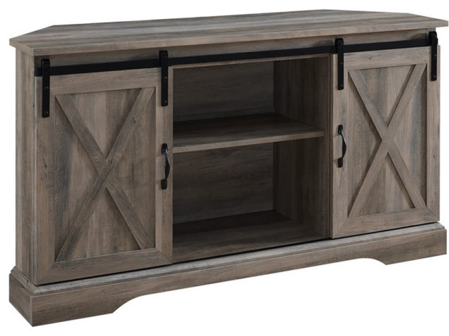 Pemberly Row Rustic Wood Corner TV Stand for TVs up to 52" in Oak/Solid ...