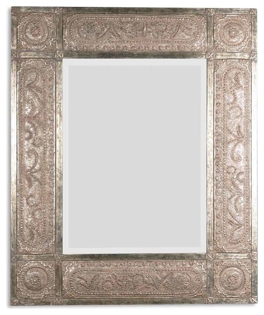 Ornate Embossed Metal Oversize Wall Mirror, Silver - Mediterranean ...