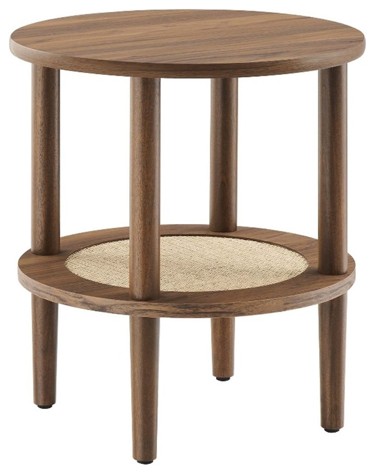 Modway Torus Round Wood Side Table with Lower Rattan Shelf in Walnut ...