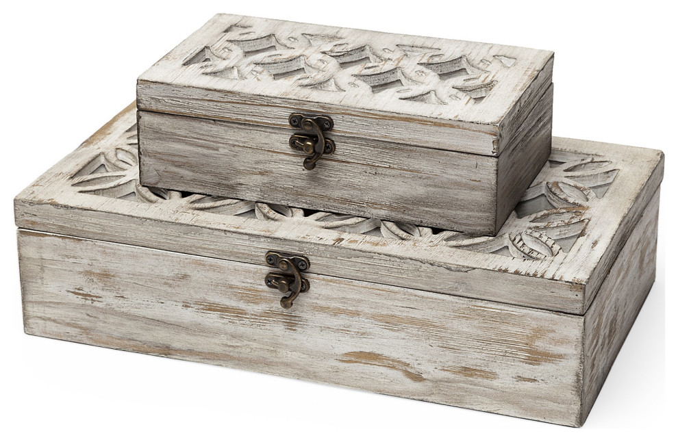 Set of Two Distressed White Wooden Boxes - Farmhouse - Decorative Boxes ...