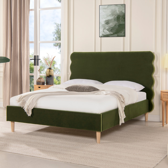 Stockholm Modern Wavy Headboard Platform Bed, Queen - Midcentury ...