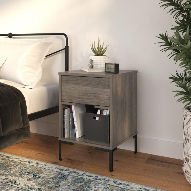 Modern Nightstand, Bottom Open Shelf & Drawer With Cut Out Pull ...