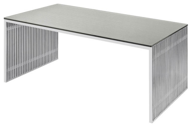 Stainless Steel Dining Table 64" Glass Top Industrial Modern Rectangle ...