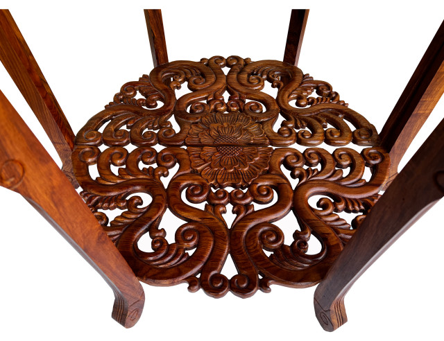 Chinese Brown Flower Carving Wood 2 Half Side Round Pedestal Table ...